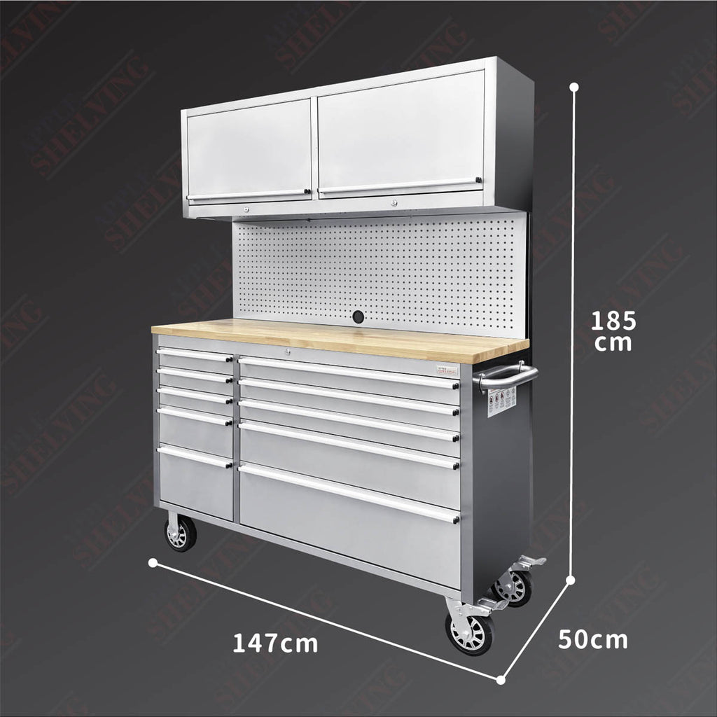 56 10 Drawer Stainless Steel Pegboard Toolbox Trolley With Overhead Apple Shelving