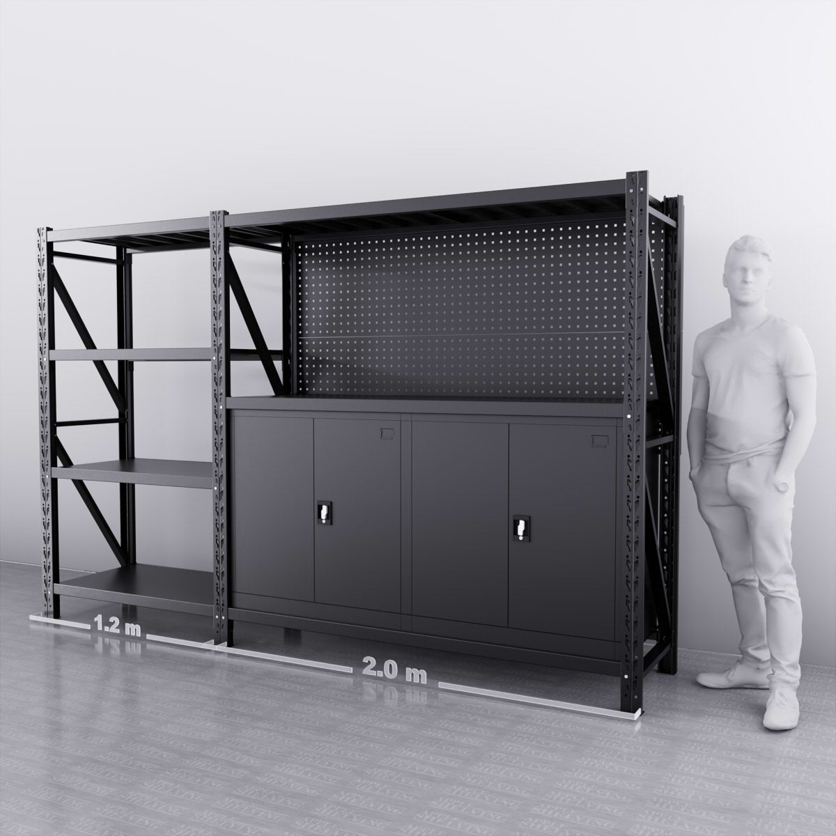 2m Steel Workbench with 2 Cabinets & Pegboard – with Optional MDF Top ...