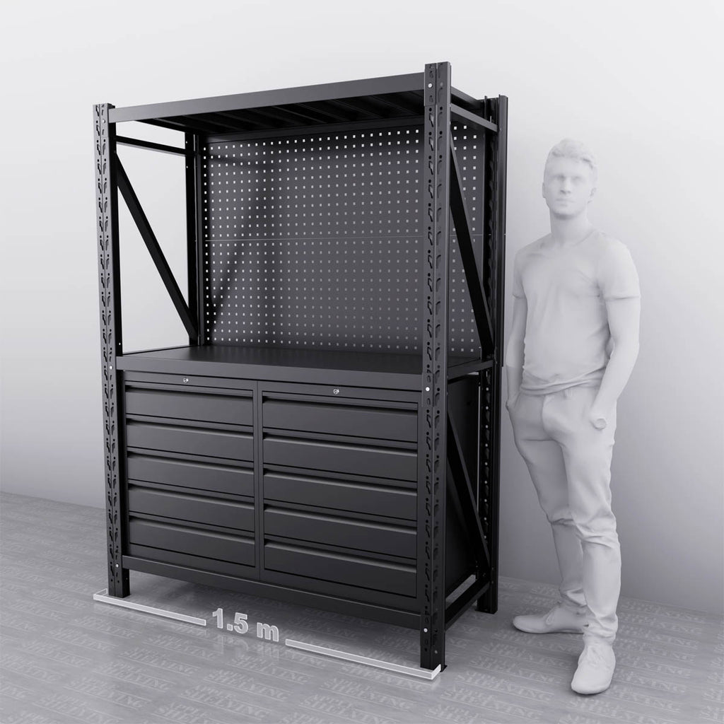 1.5m Steel Workbench with 10 Drawers, Pegboard & Cabinet – Modular ...