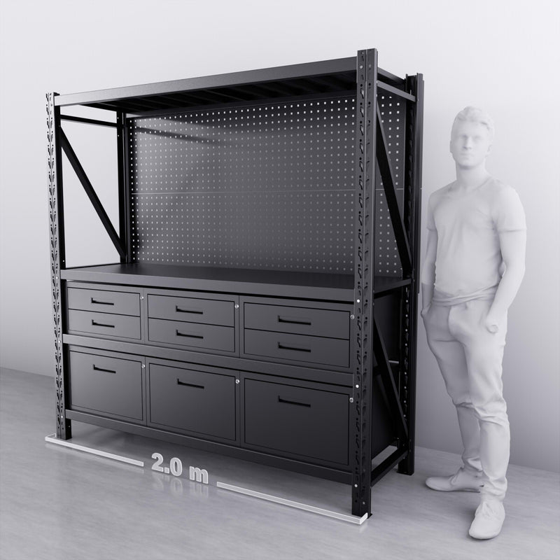 2m(L) 9-Drawer Steel Pegboard Workbench – Apple Shelving