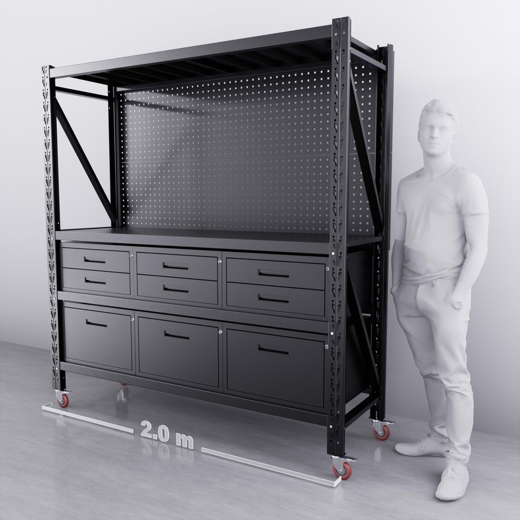 2m(L) 9-Drawer Steel Pegboard Workbench – Apple Shelving