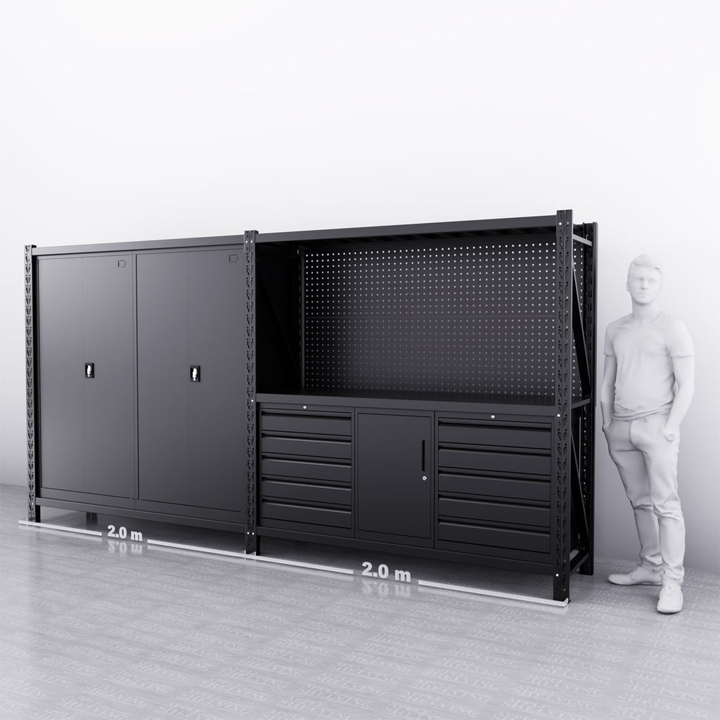 4m Workshop Bench with 10 Drawers, Pegboard & 3 Cabinets – Apple Shelving