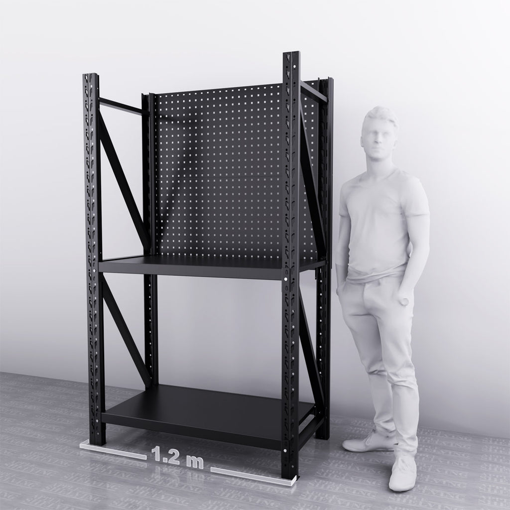 1.2m Steel Workbench with 2 Shelves & Pegboards – Compact Tool Wall ...