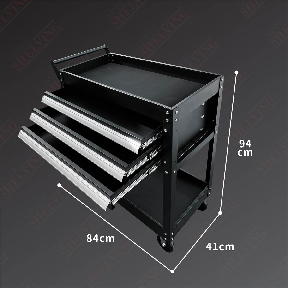 2-Tier Steel Trolley with 3 Drawers – 50kg Shelf Load, Heavy-Duty ...